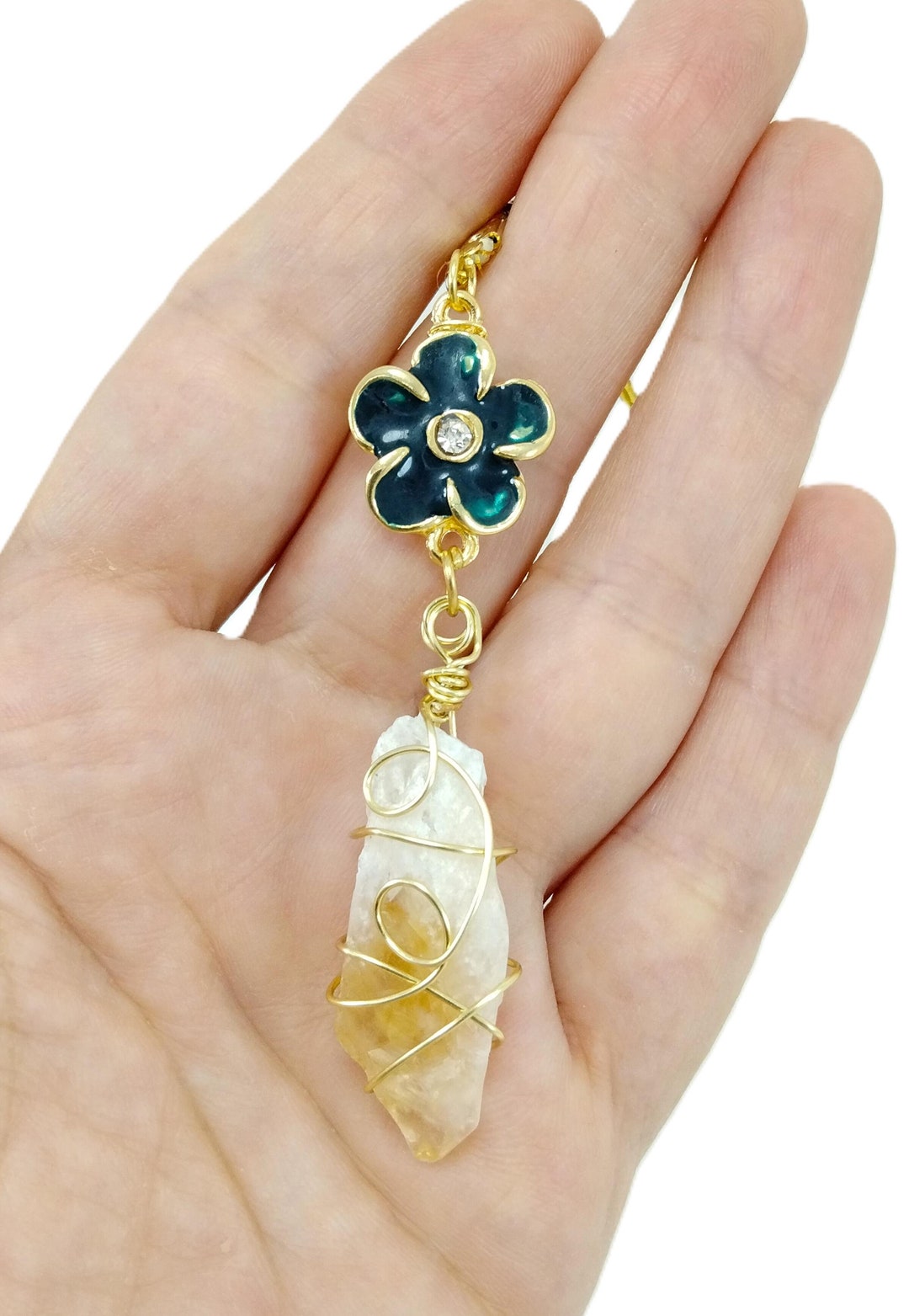 Mirror Hanging Amulet, Emerald Green Metal Flower With Citrine Natural ...