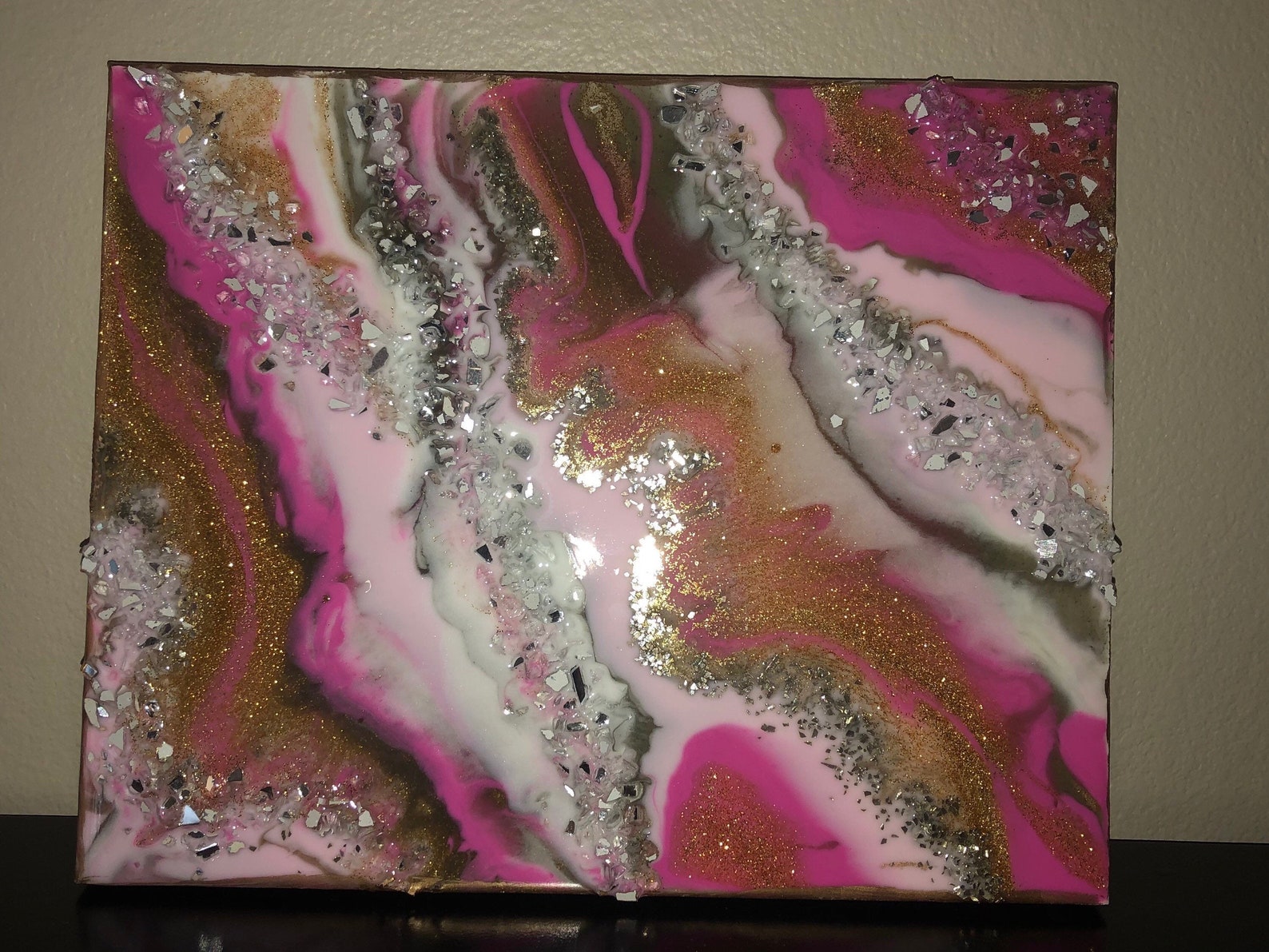Pink Gold White Glitter Resin Geode Painting - Etsy