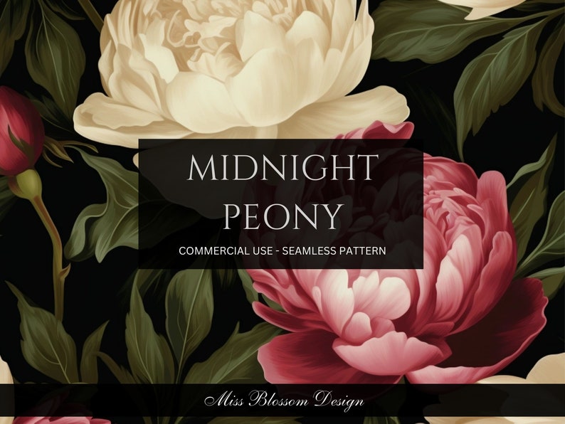 Midnight Peony Premium Seamless Pattern. Instant Download. Commercial Use Allowed, POD, 300 Dpi ...