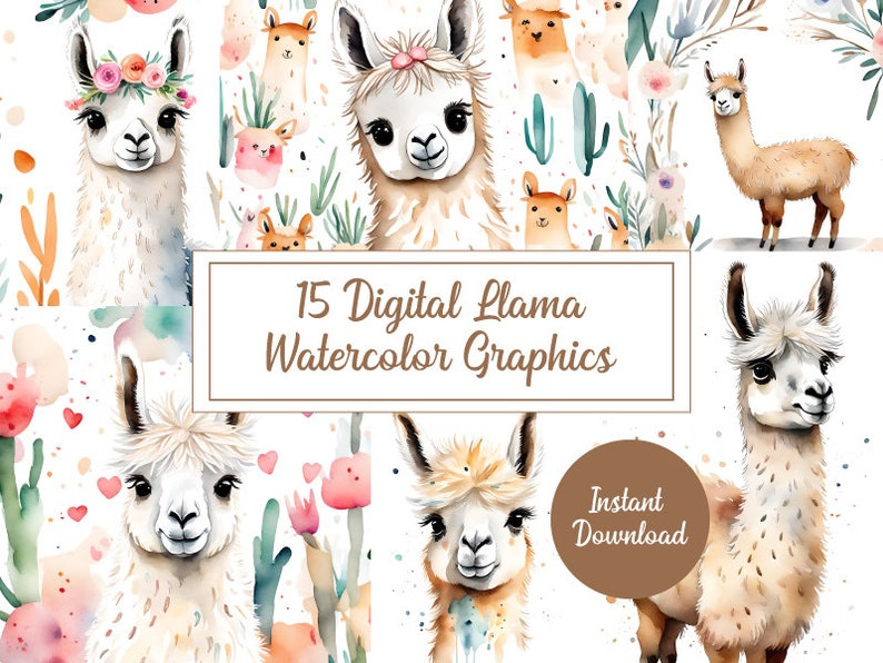 15 Adorable Llama Watercolor Digital Illustrations - Whimsical Charm in ...