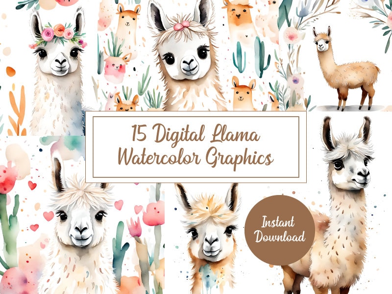 15 Adorable Llama Watercolor Digital Illustrations - Whimsical Charm in ...