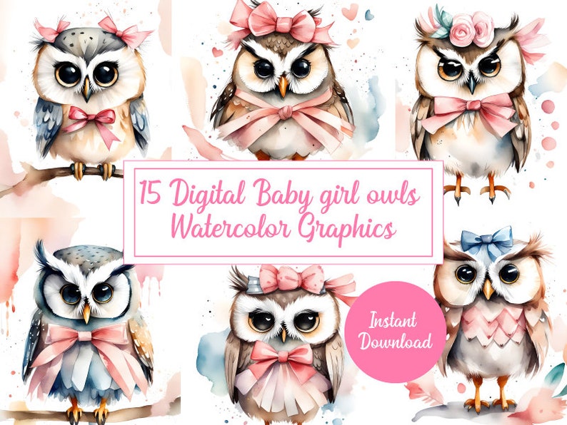 15 Sweet Baby Girl Owl Watercolor Illustrations - Whimsical Cuteness in ...