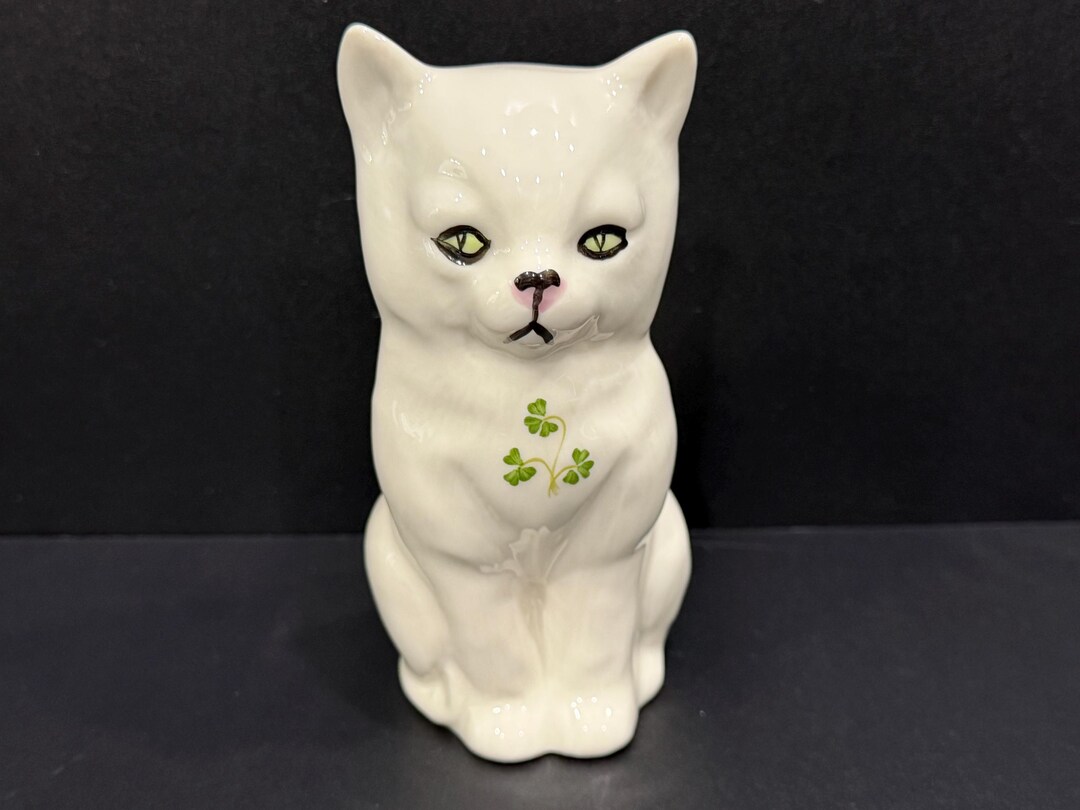 Belleek Donegal, Classic Quizzical Bone China Fluffy Cat With Shamrock ...