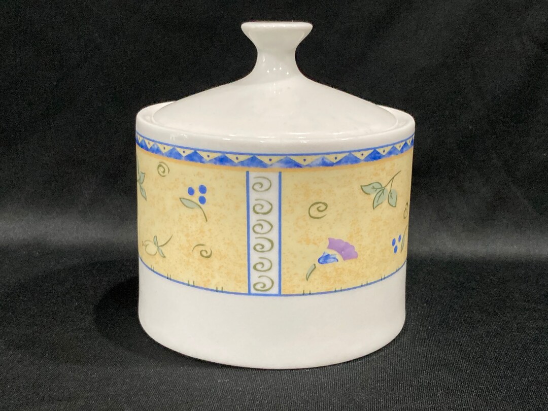 Sango, Papillon 8838, Flowers, Yellow Band Trimmed in Blue, Sugar Bowl ...