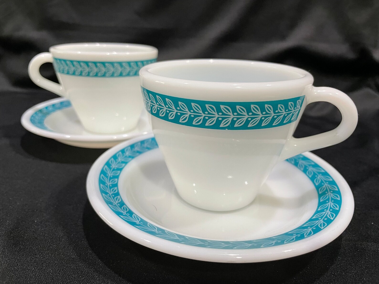 Pyrex, Teal Laurel, Resturantware, Milk Glass, Cup and Saucer - 2 Sets ...