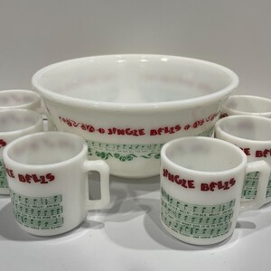 Hazel Atlas, Jingle Bell, Milk Glass Egg Nog Bowl and Six Cups, White ...