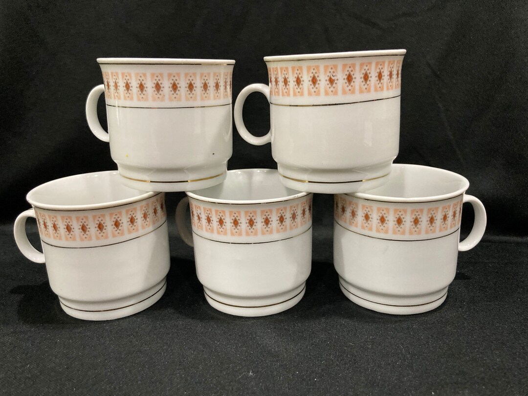 Expresso/demitasse Cups, Peach Geometric Pattern, Gold Trim, Made in ...