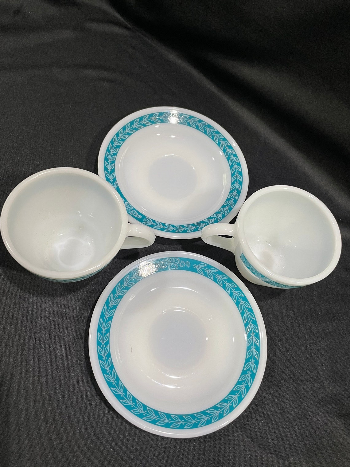 Pyrex, Teal Laurel, Resturantware, Milk Glass, Cup and Saucer - 2 Sets ...