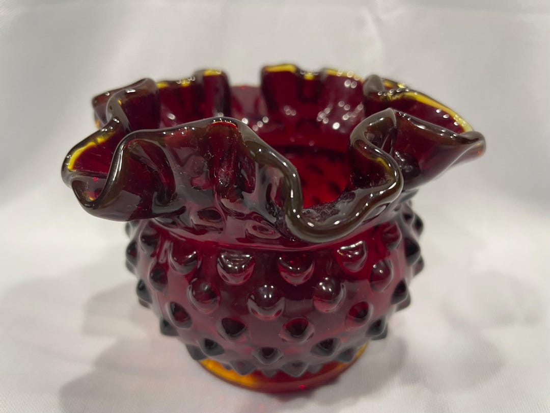 Fenton Ruby Red Hobnail Amberina Crimped Rim Vase, Small Red Fenton ...