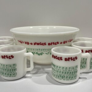 Hazel Atlas, Jingle Bell, Milk Glass Egg Nog Bowl and Six Cups, White ...