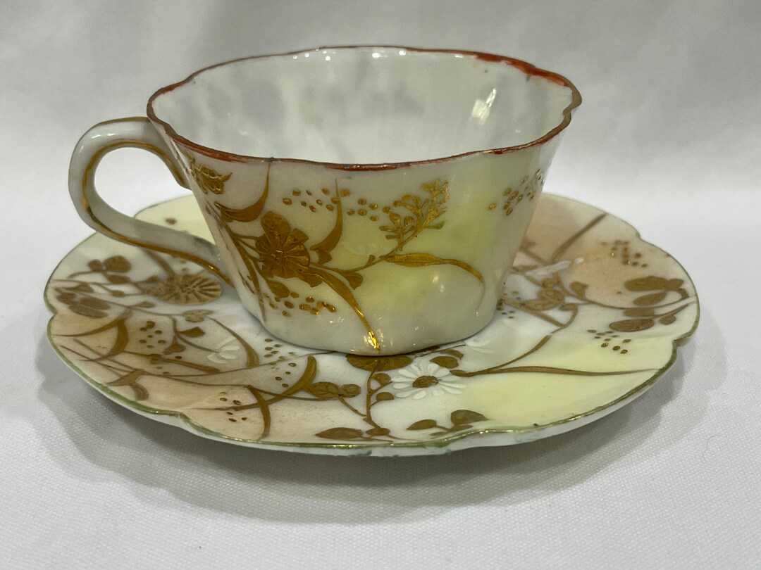 Bone China Flat Bottom Cup and Saucer, Small Hand Painted Gold Teacup ...