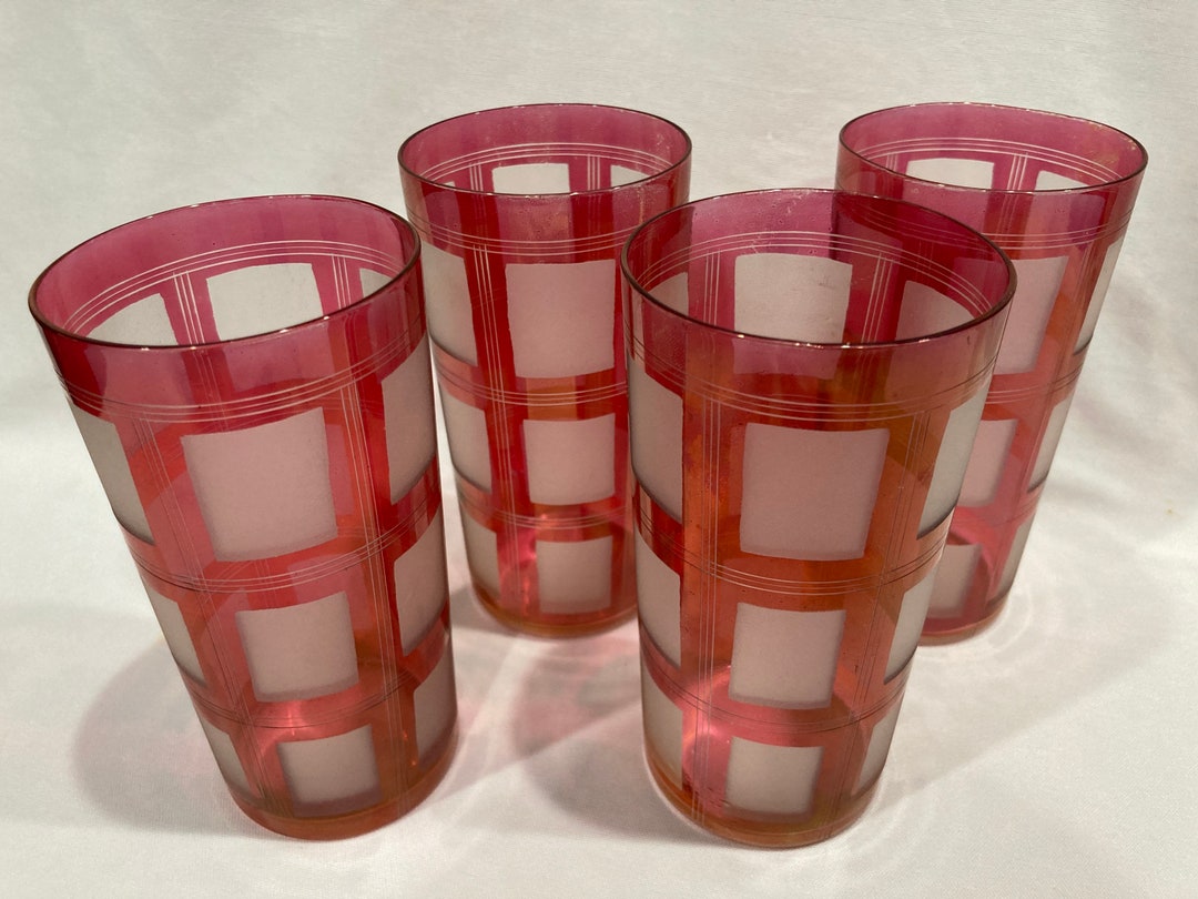 Mid Century Modern, Red Glassware With White Frosted Blocks and Grid ...