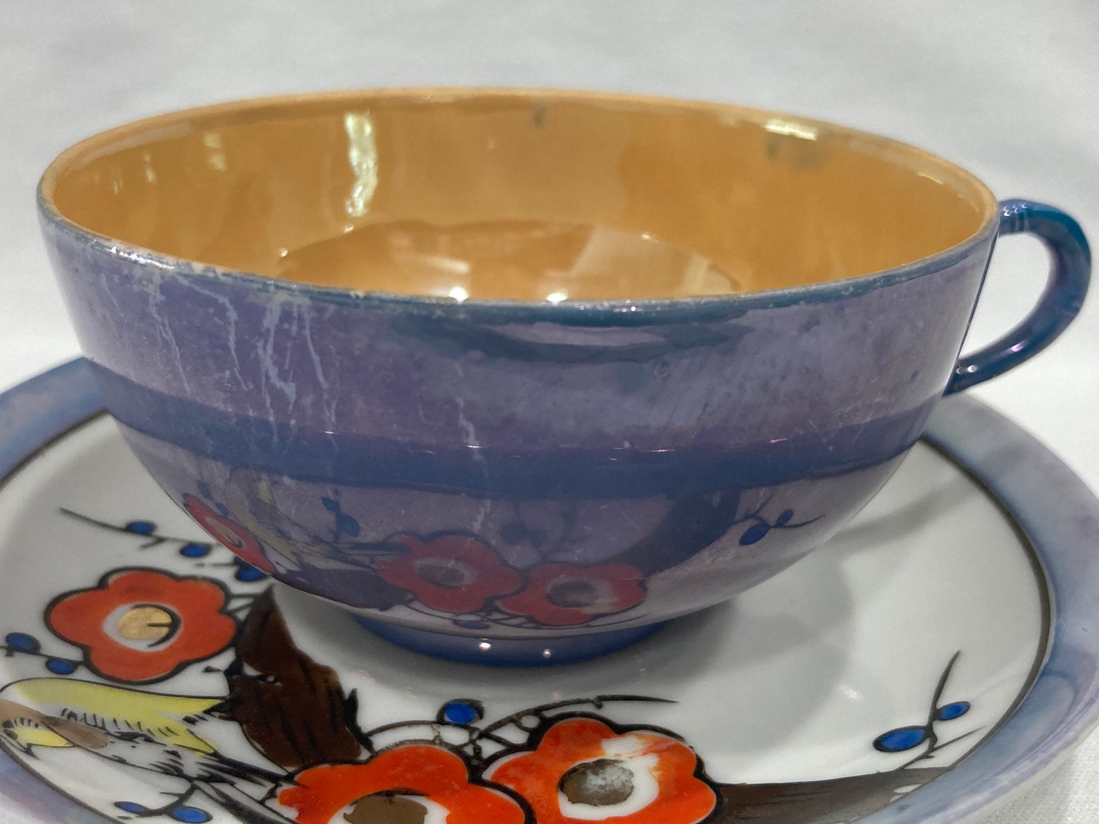 Blue and Peach Lusterware Hand Painted Flowers and Bird | Etsy