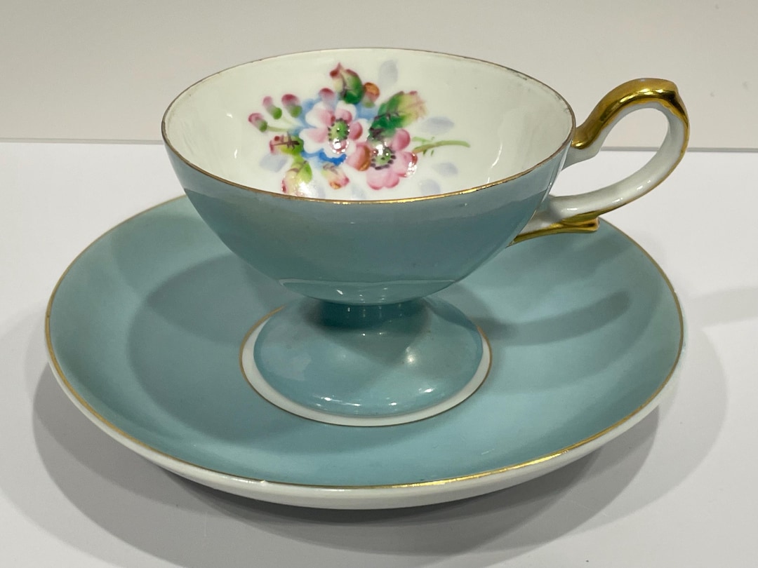 Ucagco Robins Egg Blue Demitasse Cup and Saucer, Floral Interior, Made ...