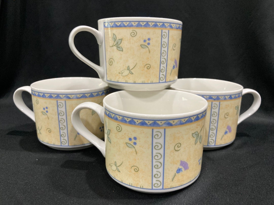 Sango, Papillon 8838, Flowers, Yellow Band Trimmed in Blue, Flat Coffee ...