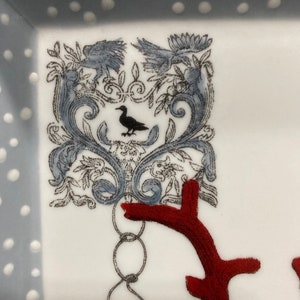 Fringe Studio, Serving Tray With Red Coral, Black Duck Ornament. Gray ...