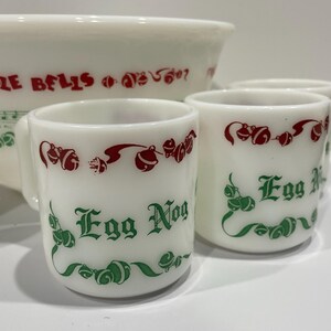 Hazel Atlas, Jingle Bell, Milk Glass Egg Nog Bowl and Six Cups, White ...