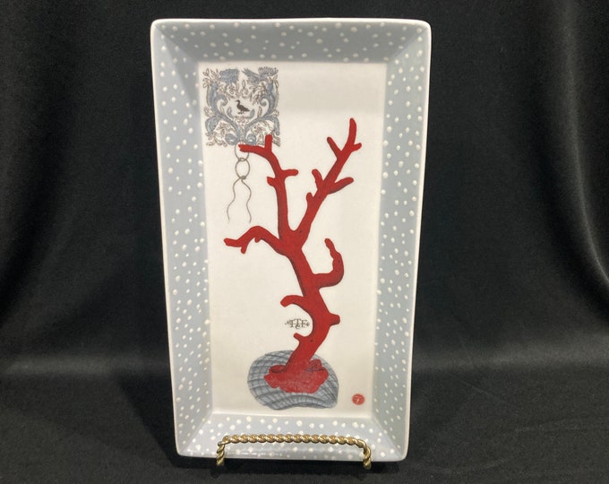 Fringe Studio, Serving Tray With Red Coral, Black Duck Ornament. Gray ...
