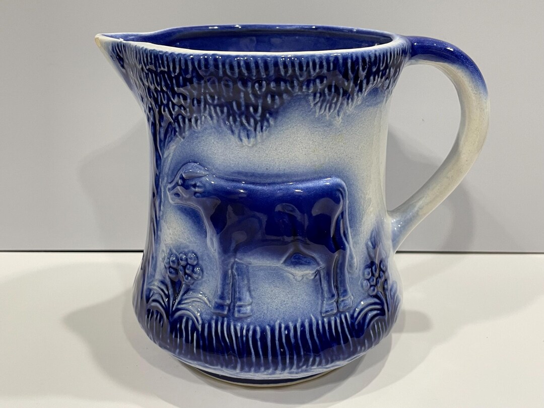 Vintage Blue and White Cow Pitcher, Embossed Ceramic, Cottagecore ...
