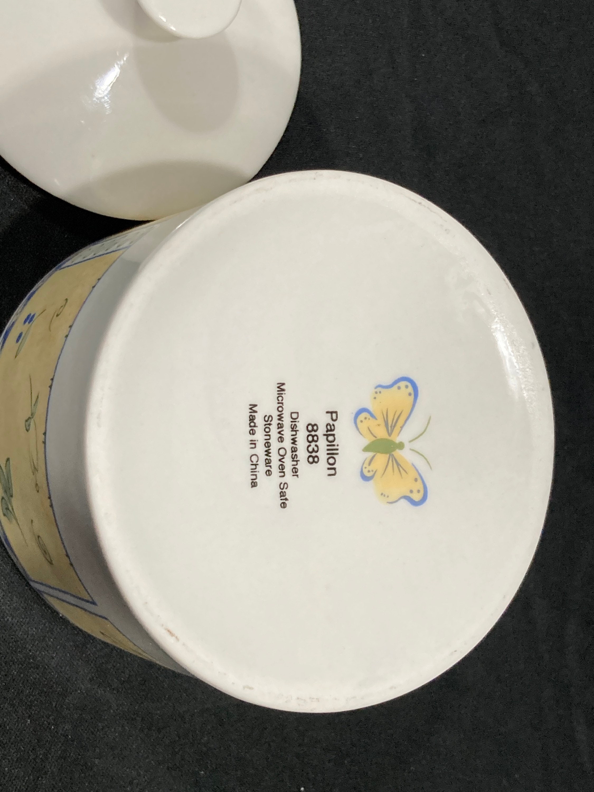 Sango, Papillon 8838, Flowers, Yellow Band Trimmed in Blue, Sugar Bowl ...