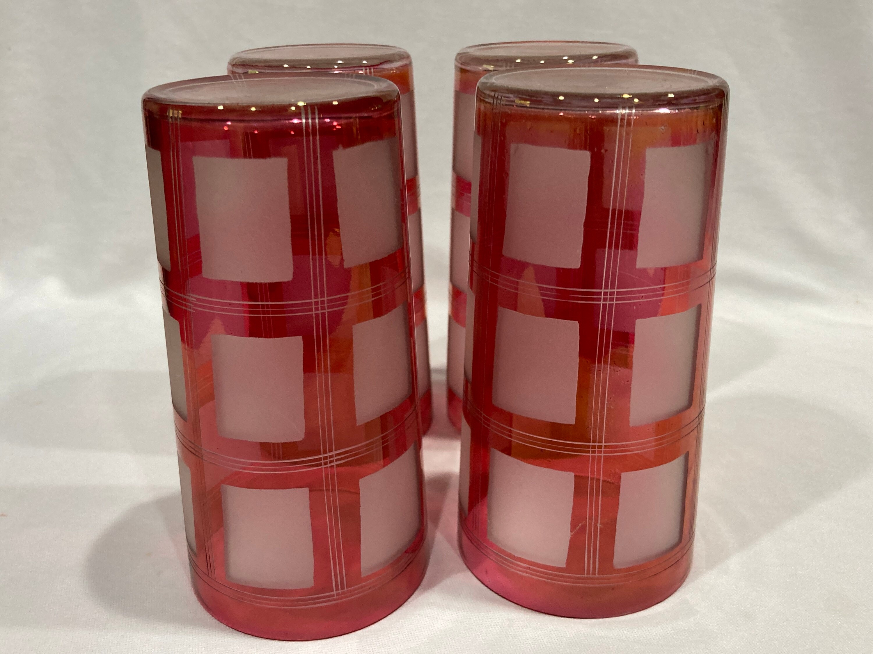 Mid Century Modern Red Glassware with White Frosted Blocks | Etsy