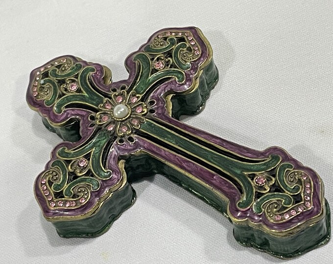 NIKKY Enamel Brass Cross Trinket Box, Shallow Cross Shaped Box, Enamel ...