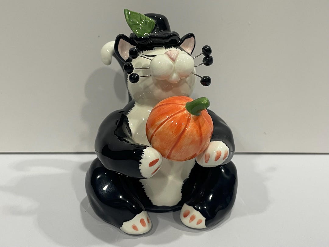 Amy Lacombe, Whimsiclay Cat Figurine, Black Cat With Pumpkin, Halloween ...