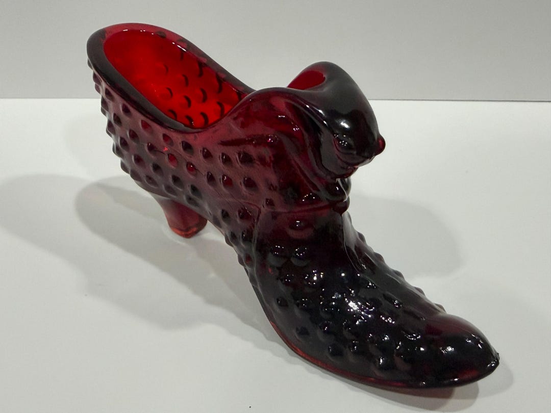Fenton Ruby Red Glass Slipper, Red Cadmium Cat Head Hobnail Shoe - Etsy