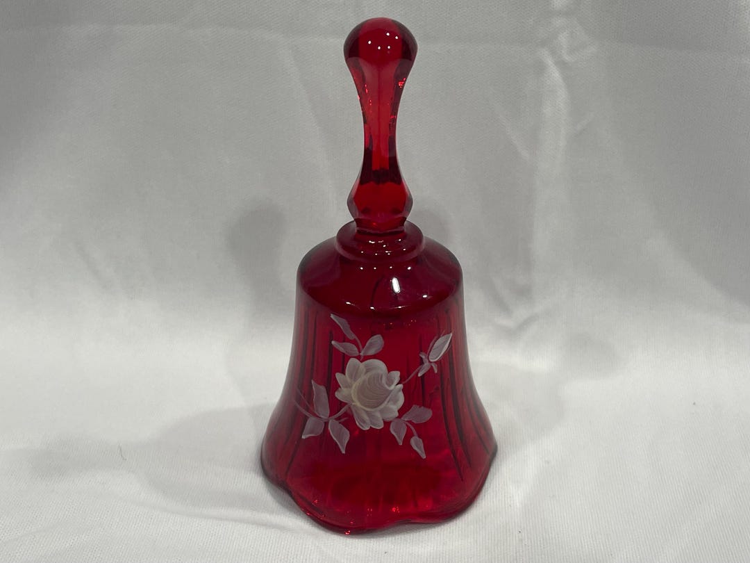 Fenton Ruby Red Mini Bell With Hand Painted Gray Rose, Tiny Red Bell ...