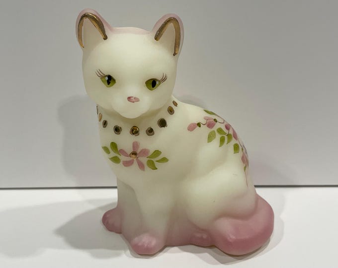 FENTON -white Iridescent Glass -cat With Ruby Rhinestones for July ...