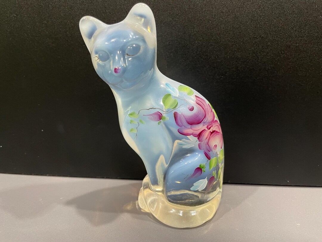 Fenton, Stylized Opalescent Cat With Purple Roses, Fenton Animal ...