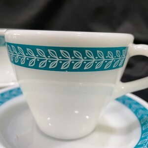 Pyrex, Teal Laurel, Resturantware, Milk Glass, Cup and Saucer - 2 Sets ...
