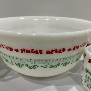 Hazel Atlas, Jingle Bell, Milk Glass Egg Nog Bowl and Six Cups, White ...