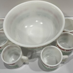 Hazel Atlas, Jingle Bell, Milk Glass Egg Nog Bowl and Six Cups, White ...