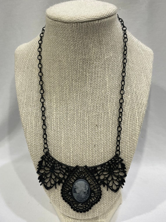 Black Metal Lace Frame with Cameo on 20" Black Chain,… - Gem