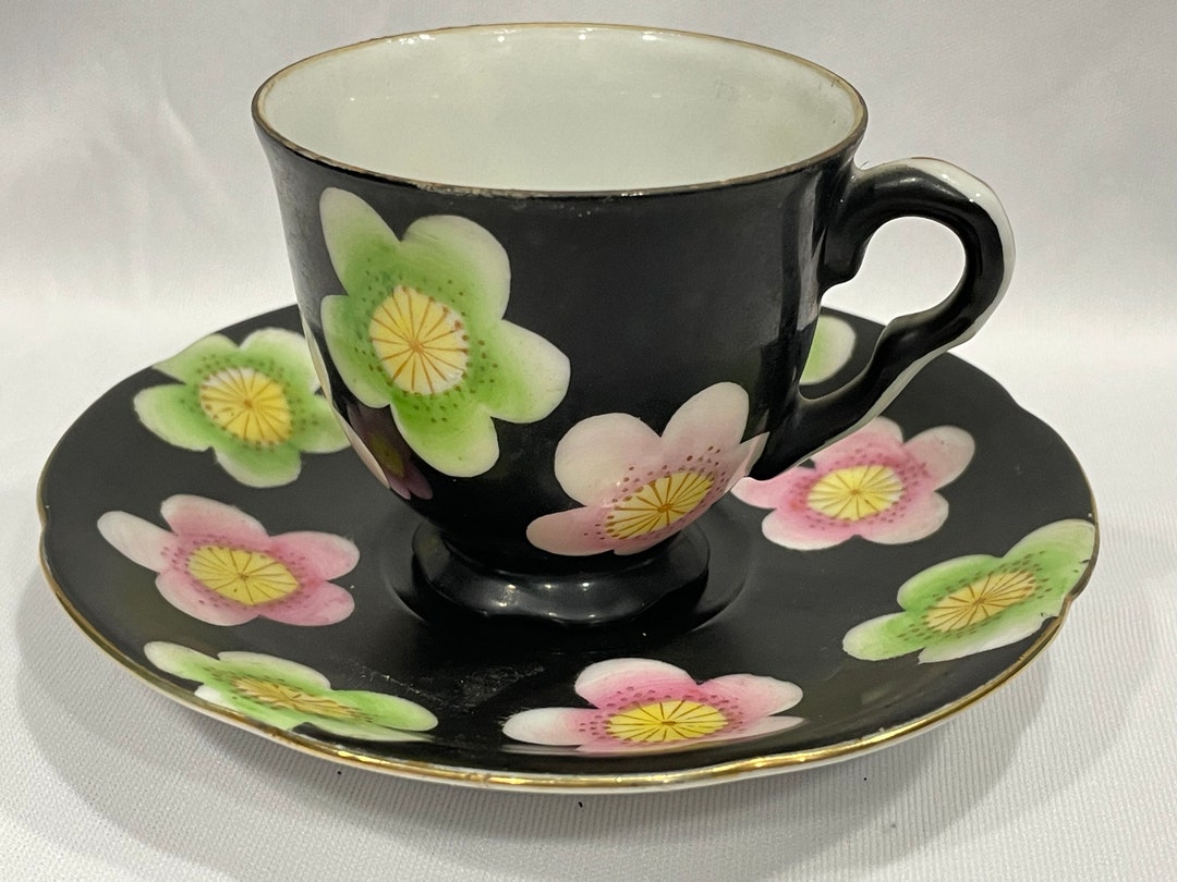 Shafford China, Made in Japan, Black Demitasse Cup and Saucer With Pink ...