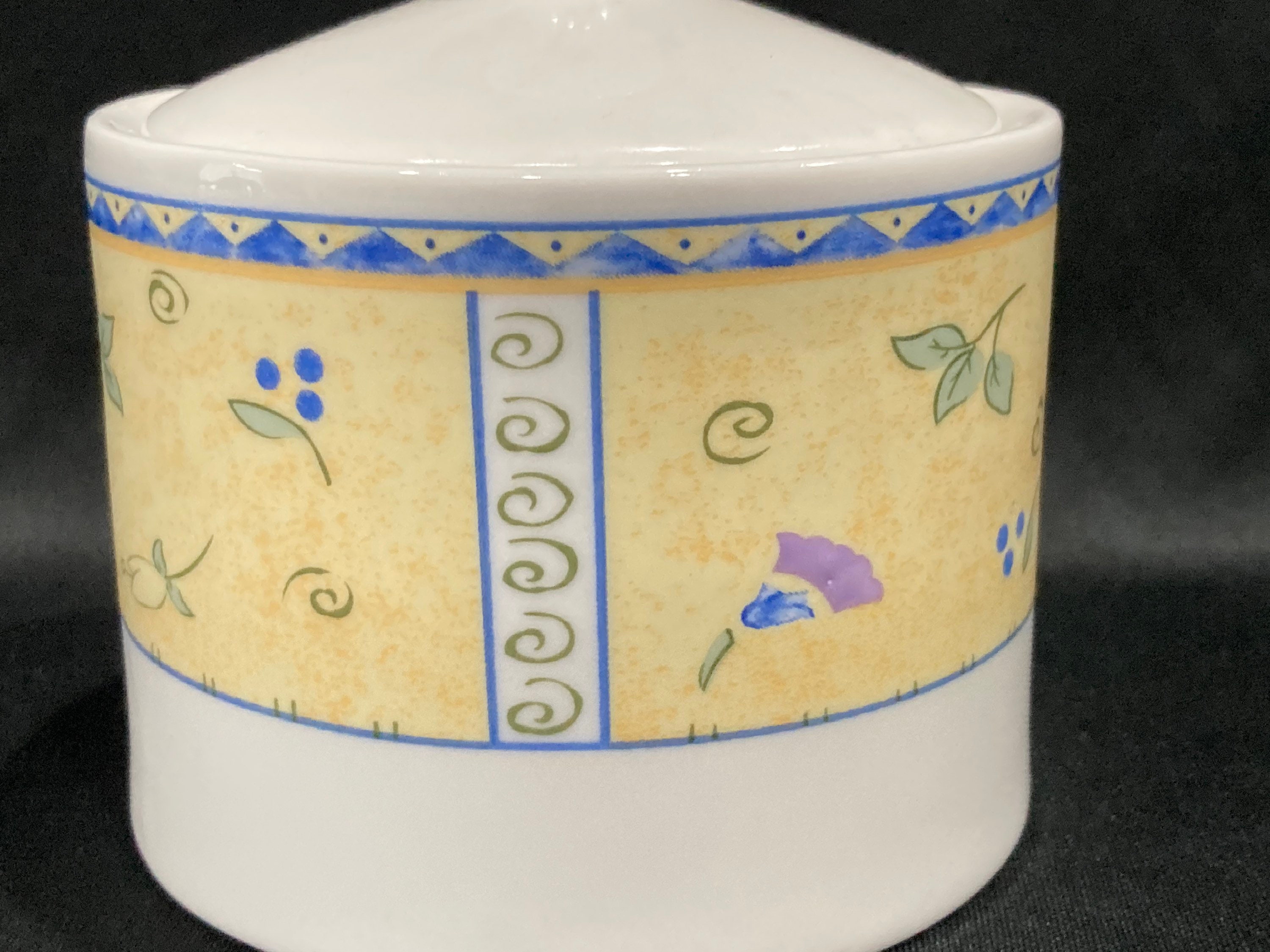 Sango, Papillon 8838, Flowers, Yellow Band Trimmed in Blue, Sugar Bowl ...