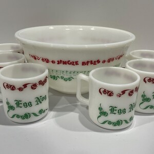 Hazel Atlas, Jingle Bell, Milk Glass Egg Nog Bowl and Six Cups, White ...