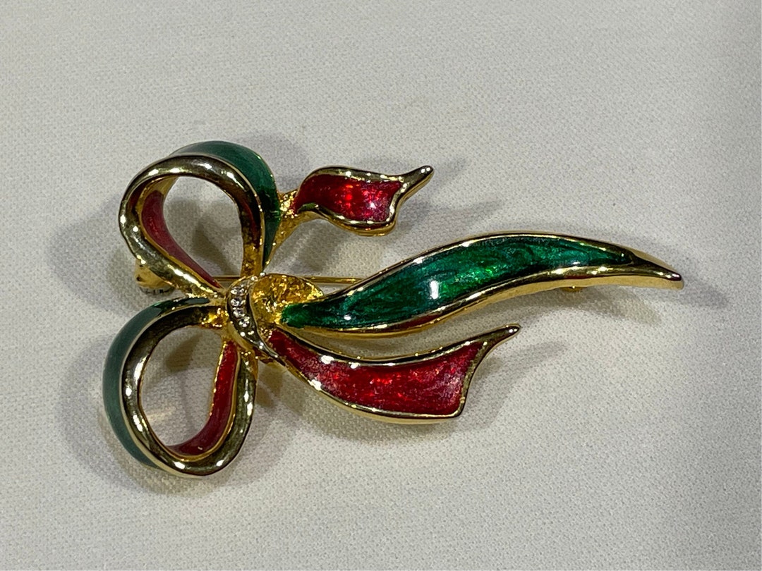 Gold Red and Green Enameled Bow Shaped Brooch, Christmas Brooch - Etsy