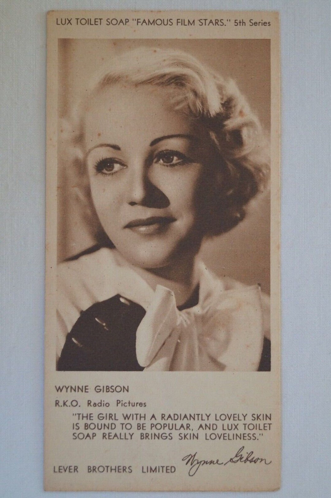Famous Film Stars Vintage 1930's Lever Bros Lux Soap Large Card Wynne ...