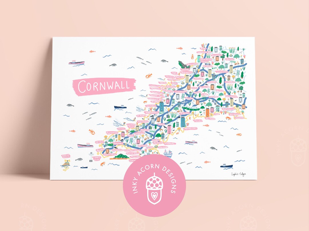 Cornwall Illustrated Map Art Print: Cornish Landmarks, UK Travel Poster ...