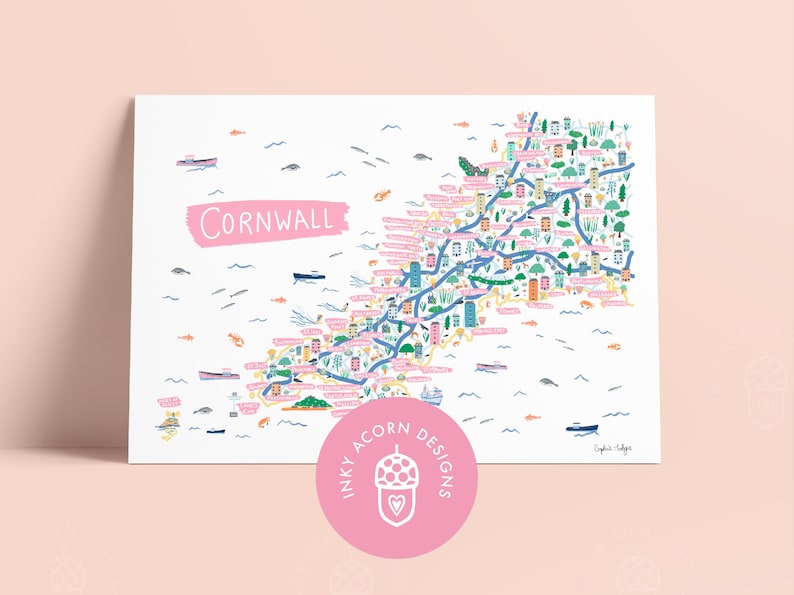 Cornwall Illustrated Map Art Print: Cornish Landmarks, UK Travel Poster ...