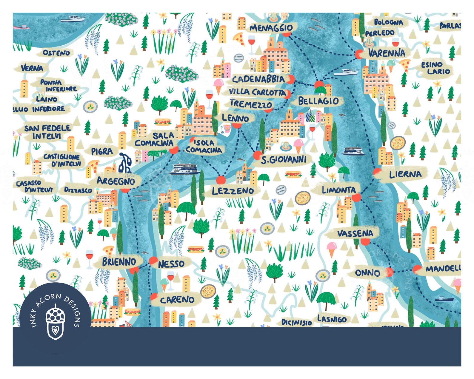 Illustrated Lake Como Map Unframed Art Print | Available in A4 & A3 ...