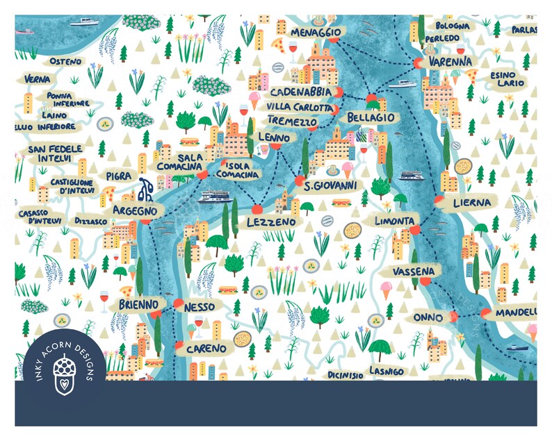 Illustrated Lake Como Map Unframed Art Print Available in A4 & A3 Size ...