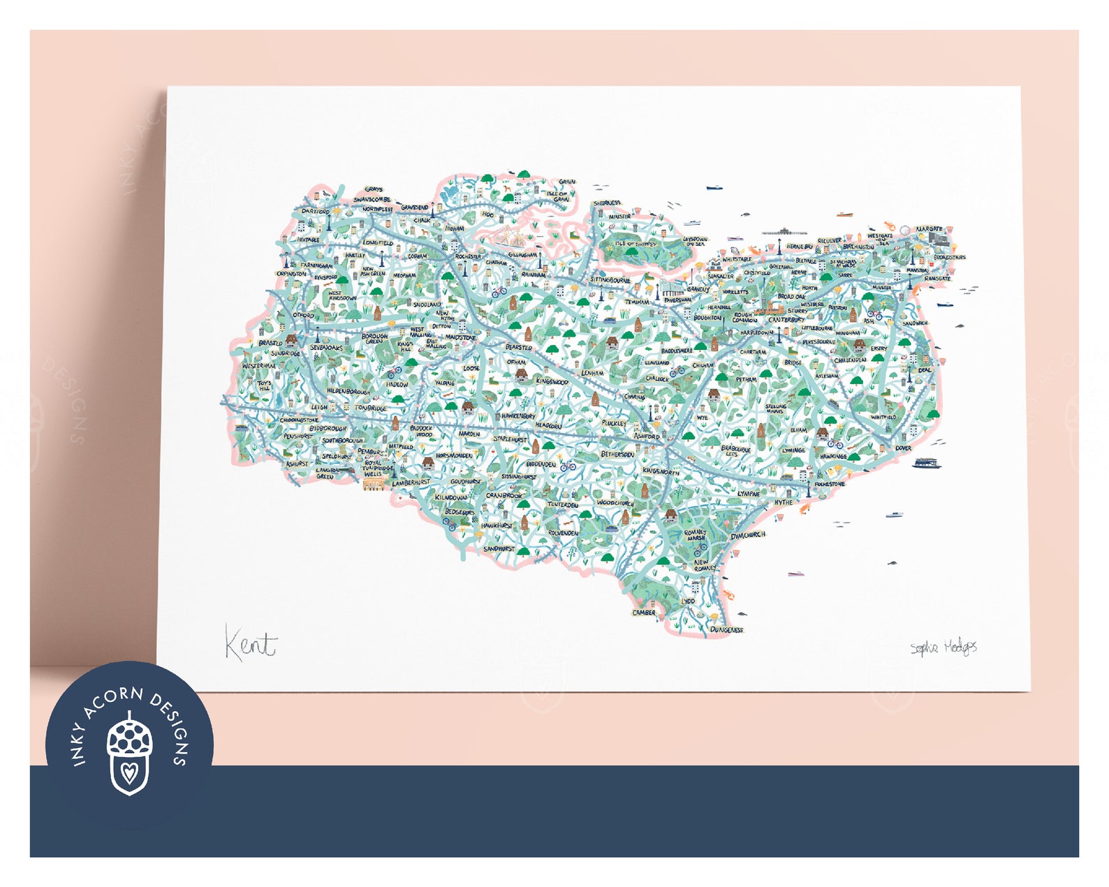 Kent Illustrated Map Unframed Art Print Available in A4 & A3 Sizes ...