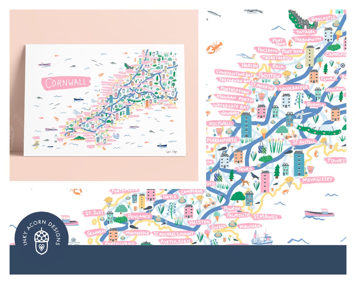 Cornwall Illustrated Map Unframed Art Print Available in A5, A4 & A3 ...