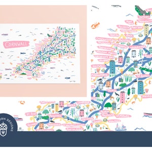 Cornwall Illustrated Map Unframed Art Print Available in A5, A4 & A3 Sizes, Featuring Lands End ...