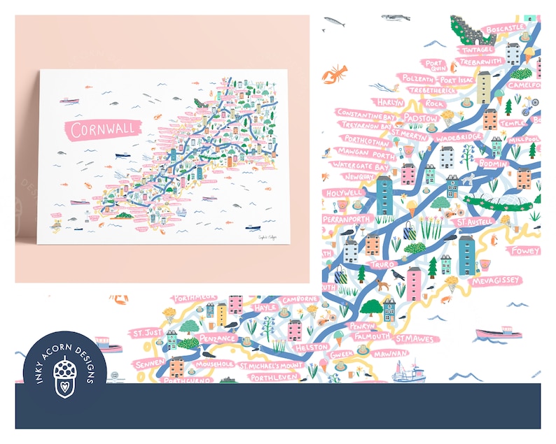 Cornwall Illustrated Map Unframed Art Print Available in A5, A4 & A3 ...
