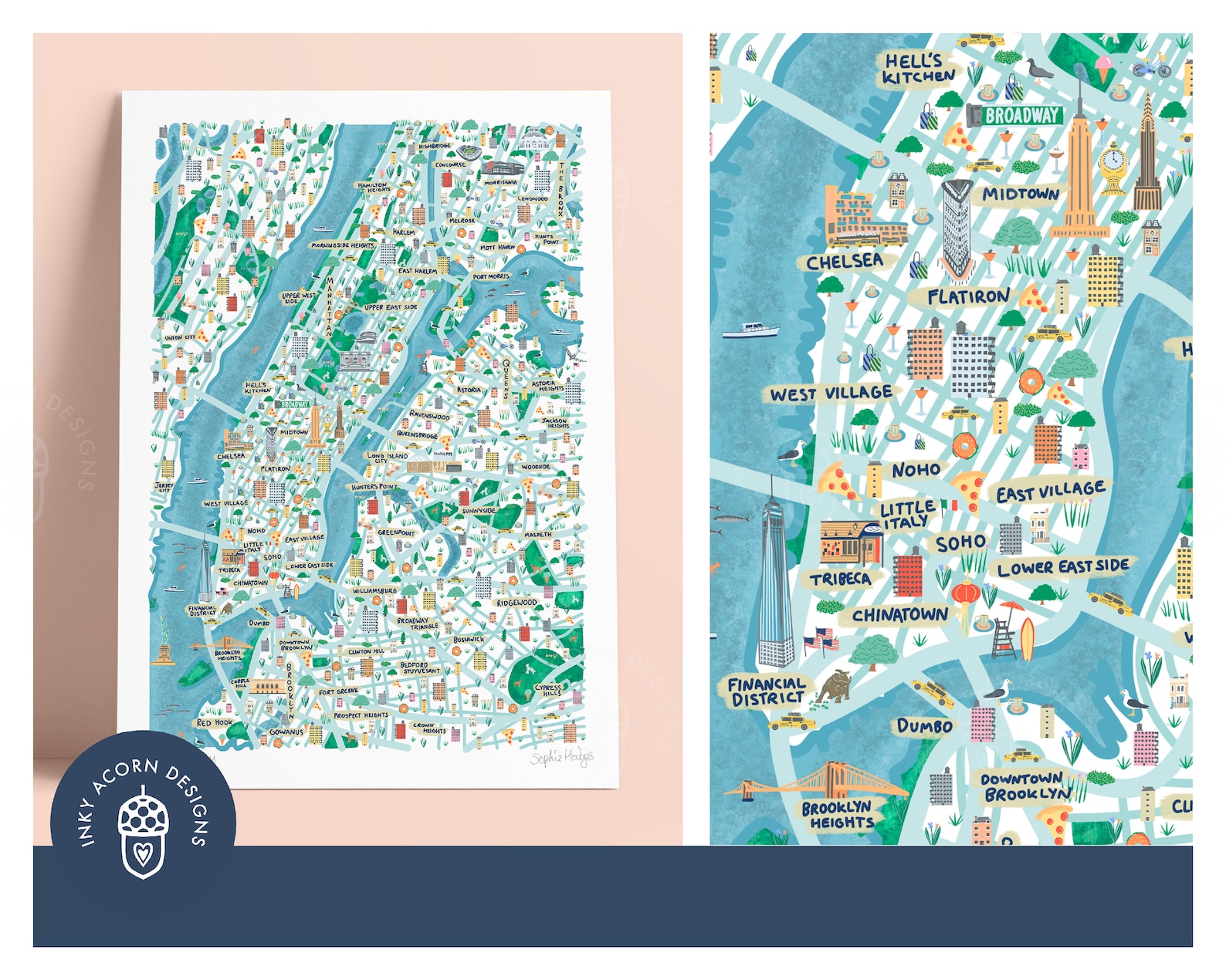Illustrated NYC New York Map Unframed Art Print Available in A5, A4 ...