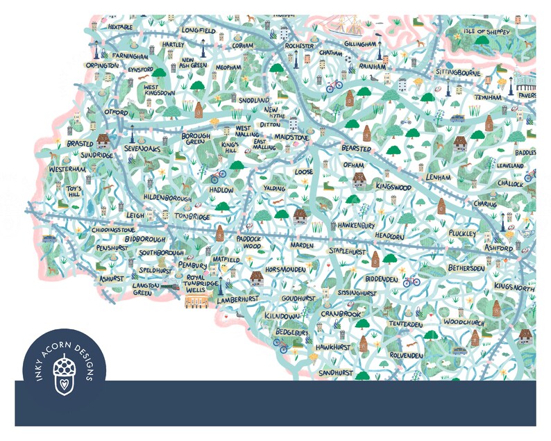 Kent Illustrated Map Unframed Art Print Available in A4 & A3 Sizes ...